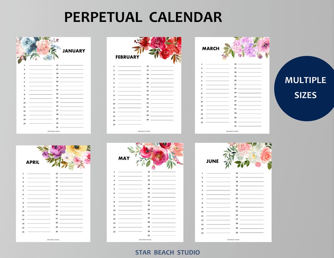 Perpetual Calendar Printable, Floral Calendar for Birthday Anniversary ...