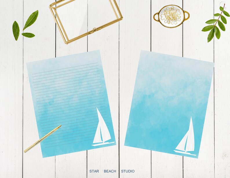 White Sailboat Blue Watercolor Printable Stationery Paper - Etsy