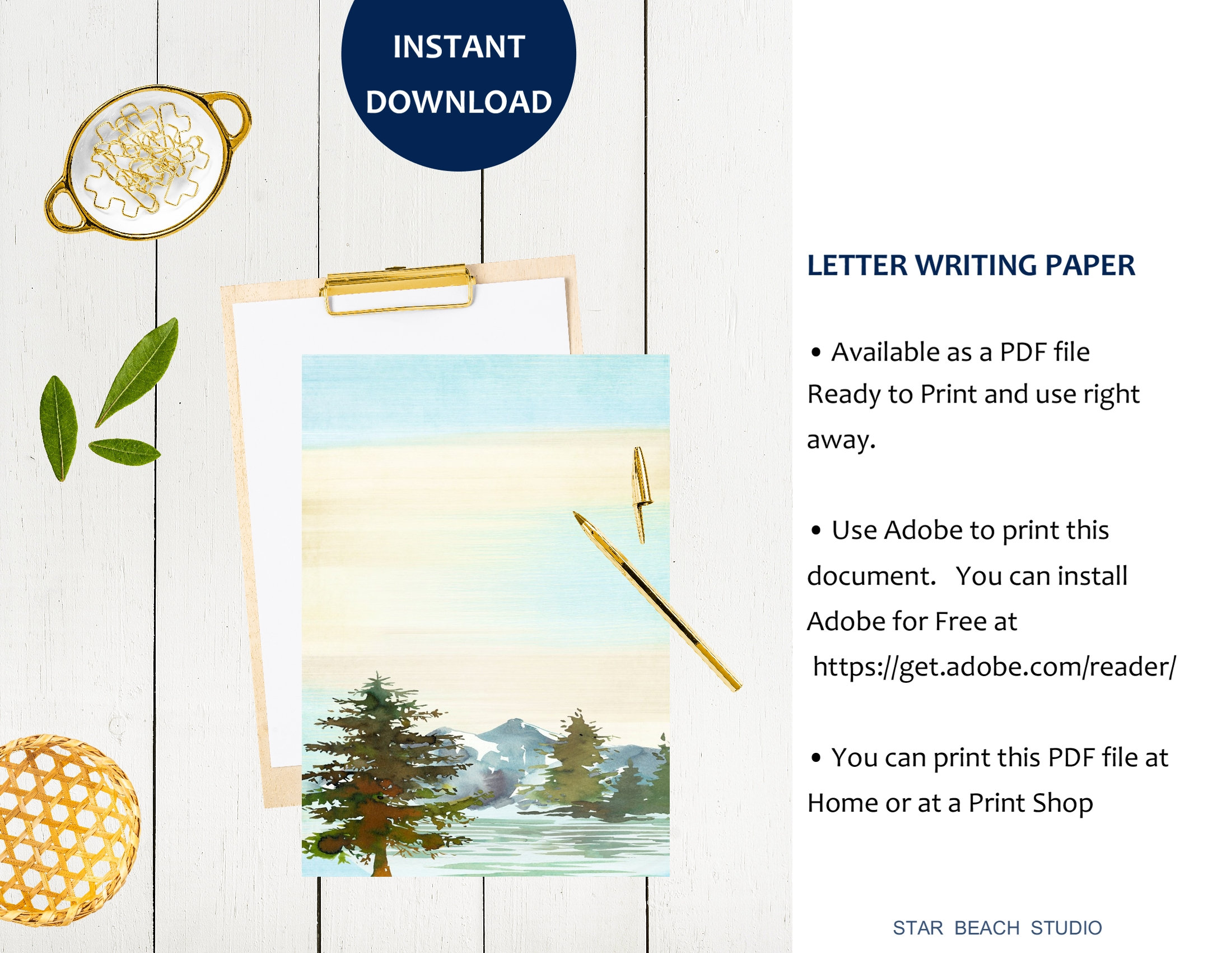Mountain Landscape Printable Stationery, Digital Note Paper, Nature ...