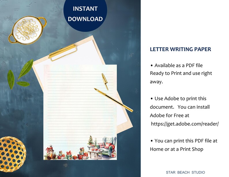 Christmas Stationery Printable Paper Winter Holiday Festive Lined ...