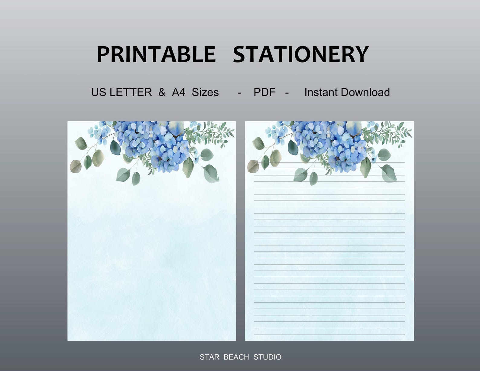 Blue Hydrangeas With Eucalyptus Leaves Stationery Printable Paper ...