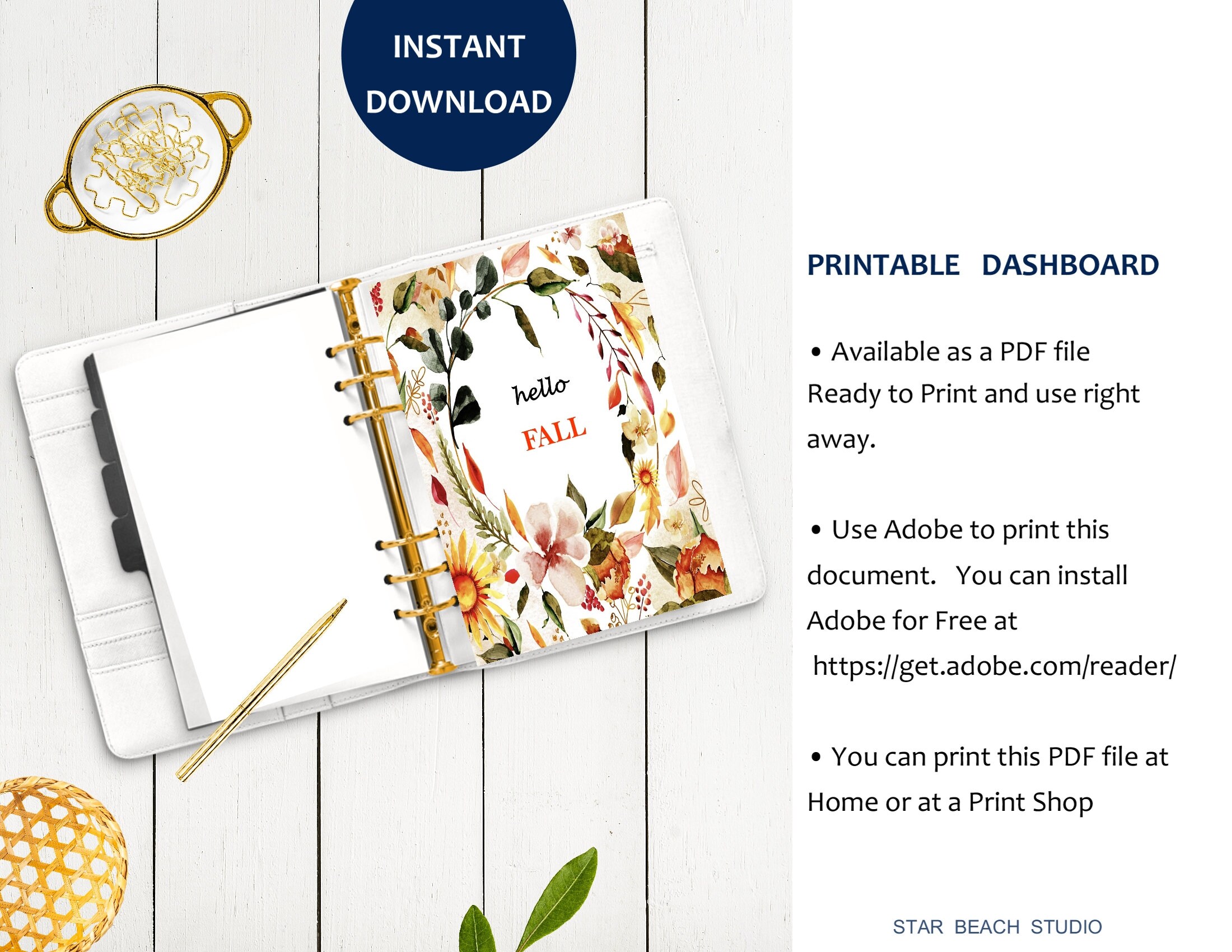 Hello Fall Floral Planner Dashboard Printable, Autumn Watercolor Floral ...