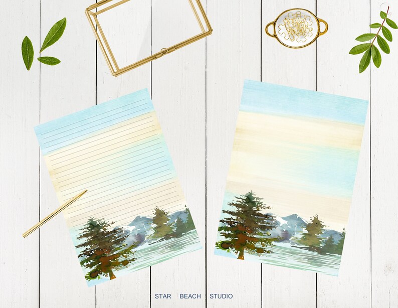 Mountain Landscape Printable Stationery, Digital Note Paper, Nature ...