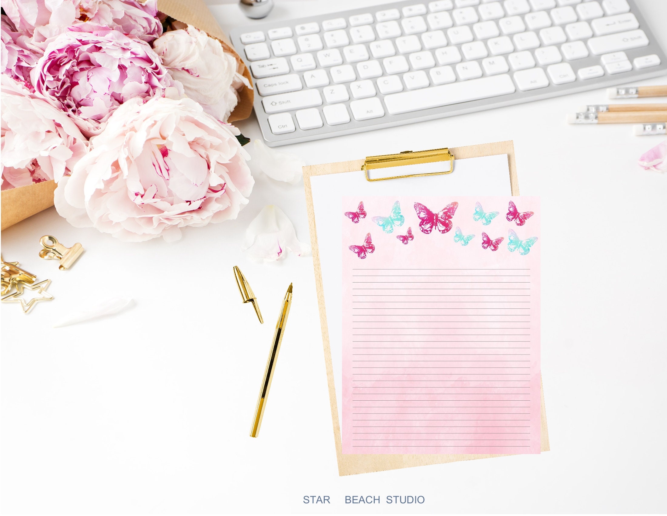 Butterfly Stationery Paper Printable, Pink Green Butterflies Lined ...