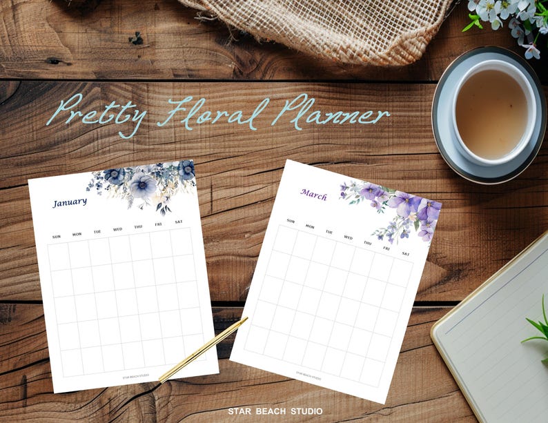 Floral Watercolor Undated Monthly Planner, 12 Month Printable Calendar ...