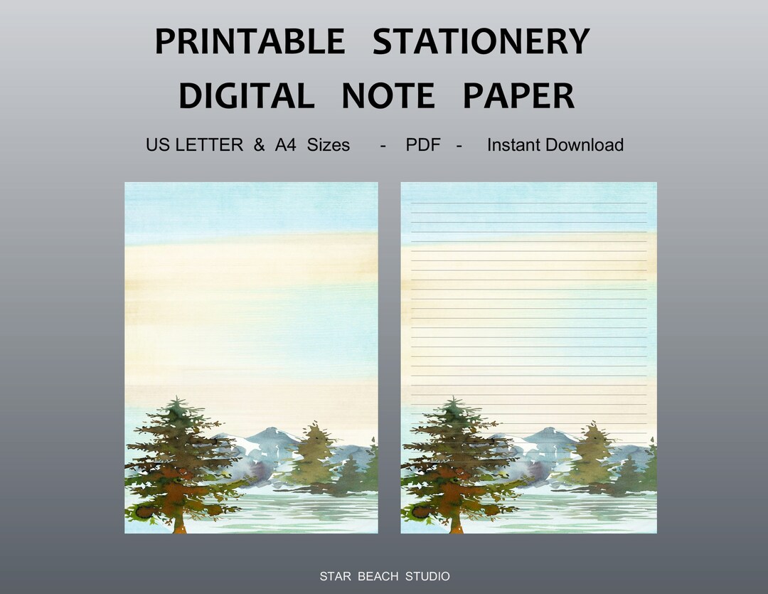 Mountain Landscape Printable Stationery, Digital Note Paper, Nature ...