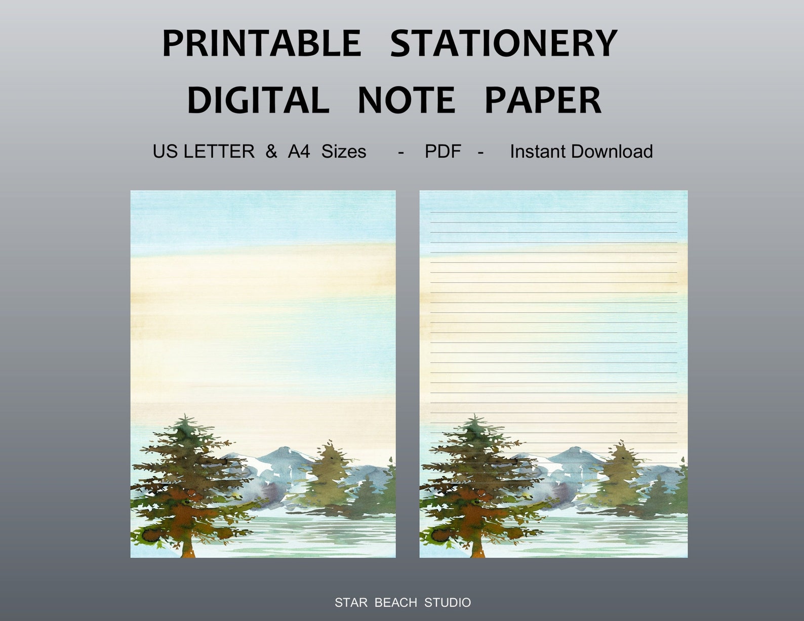 Mountain Landscape Printable Stationery, Digital Note Paper, Nature ...