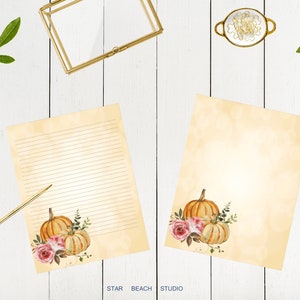 Pumpkins Printable Stationery Paper, Autumn Harvest Watercolor Lined ...