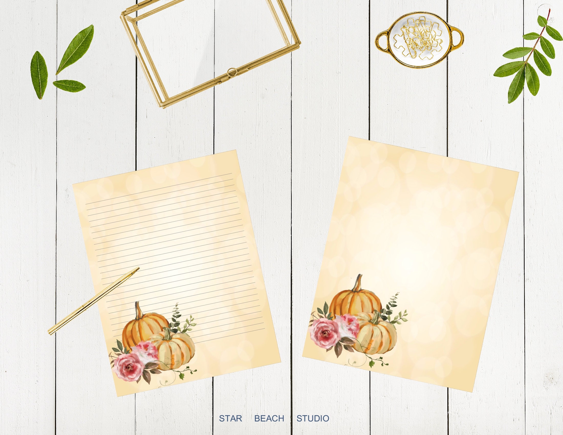 Pumpkins Printable Stationery Paper, Autumn Harvest Watercolor Lined ...