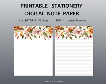 Printable Stationery, Watercolor, Fall Floral, Pretty, Lined, Unlined ...