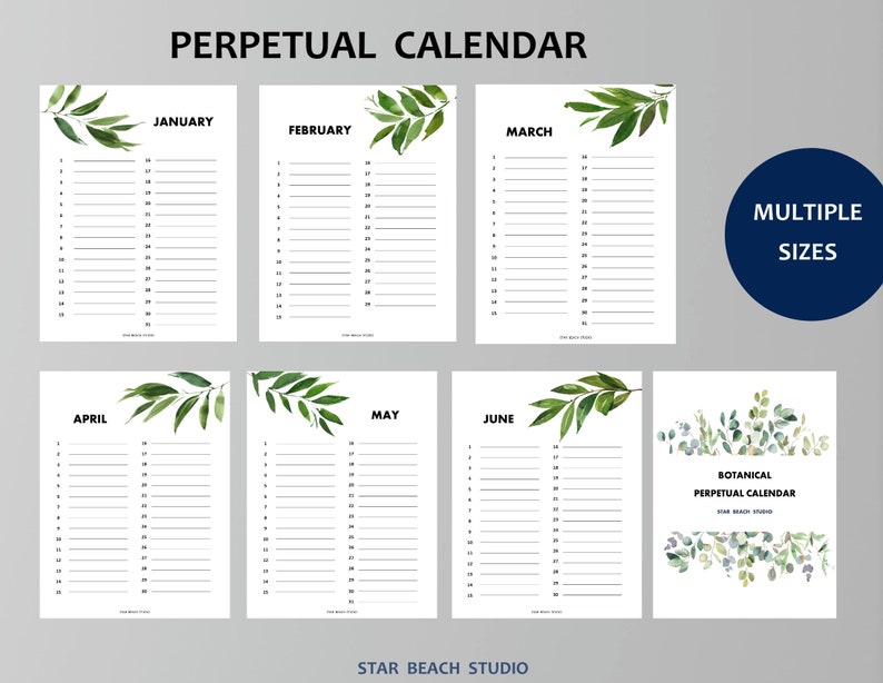 Perpetual Calendar Printable, Birthday - Anniversary - Annual Botanical ...