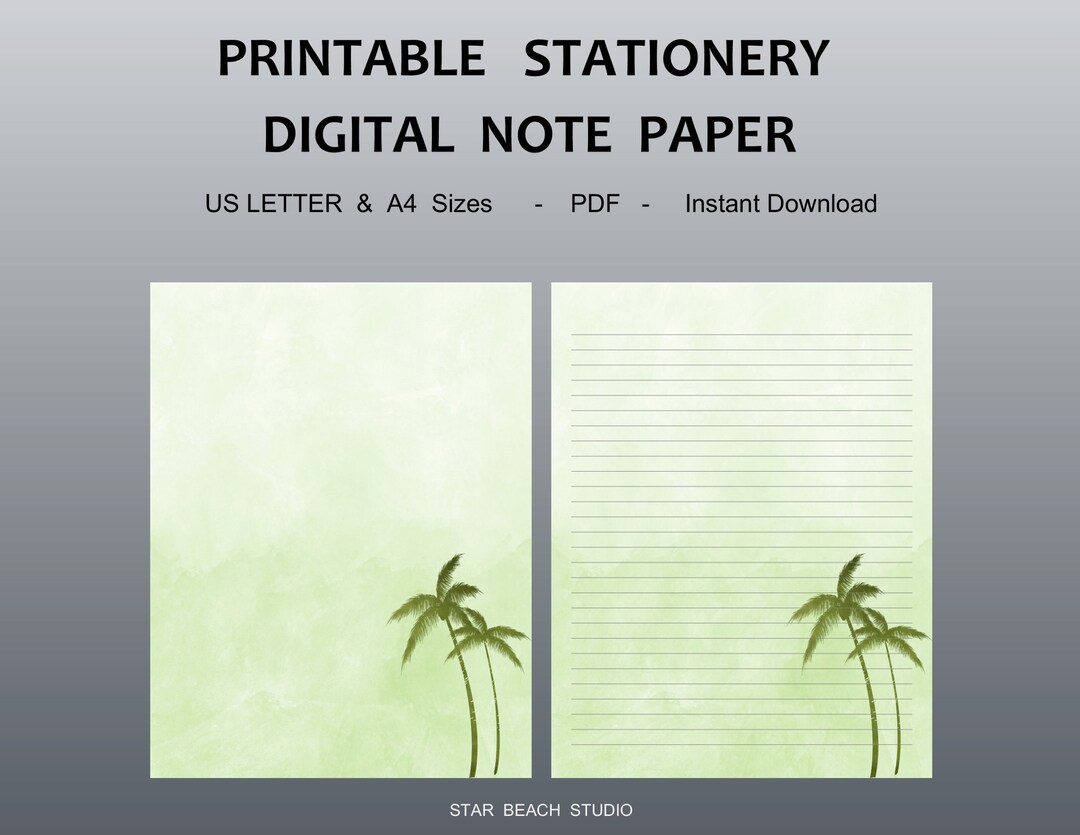 Palm Trees Printable Stationery, Summer Beach Theme Lined & Unlined ...