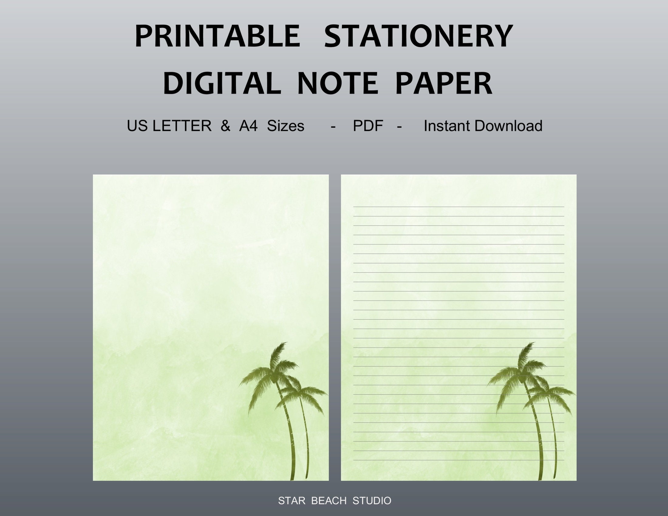 Palm Trees Printable Stationery, Summer Beach Theme Lined & Unlined ...