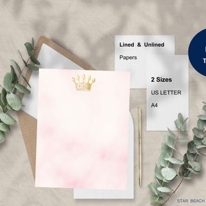 Gold Crown Pink Paper Printable Stationery Paper, Royal Princess Theme ...