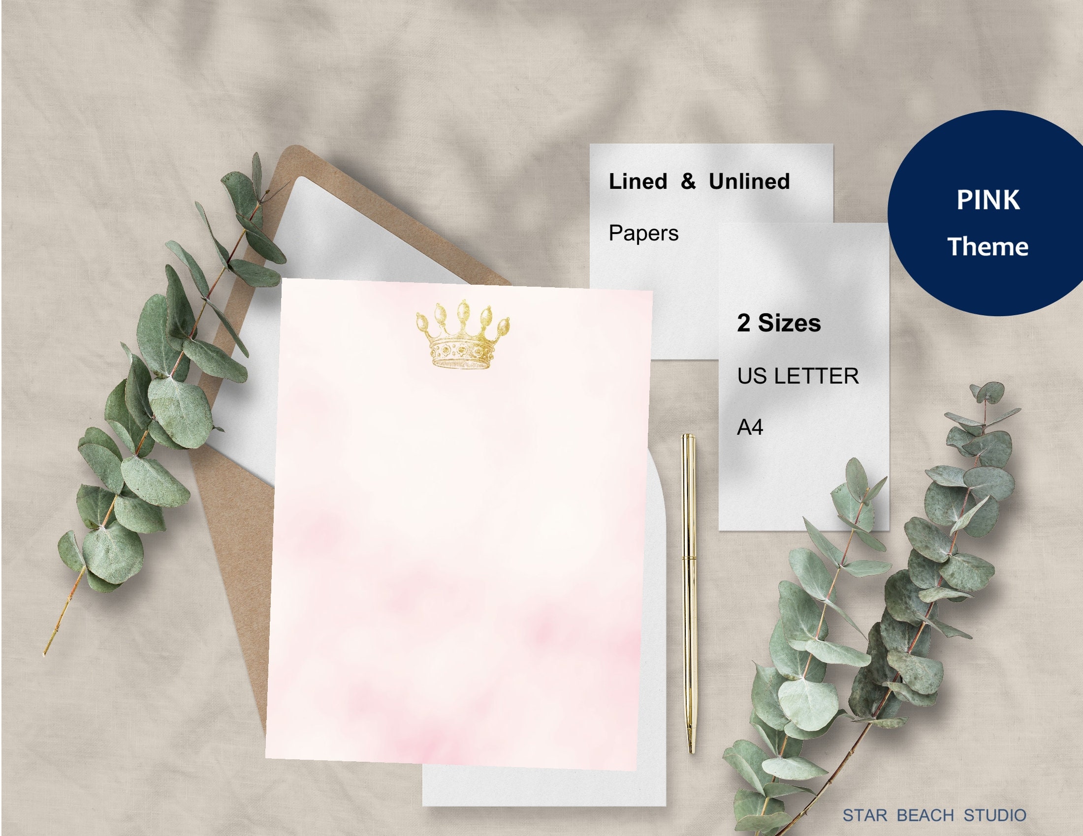 Gold Crown Pink Paper Printable Stationery Paper, Royal Princess Theme ...