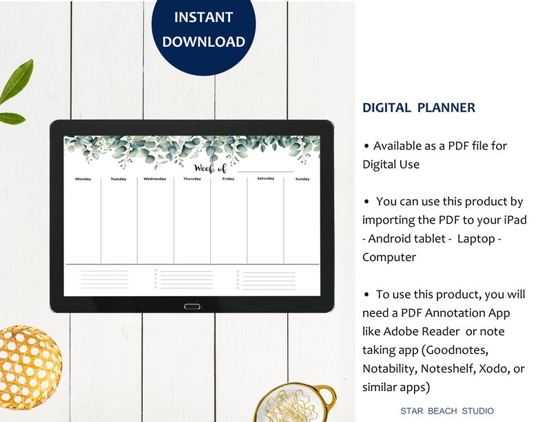 Botanical Weekly Planner Printable, Editable PDF, Eucalyptus Leaves ...