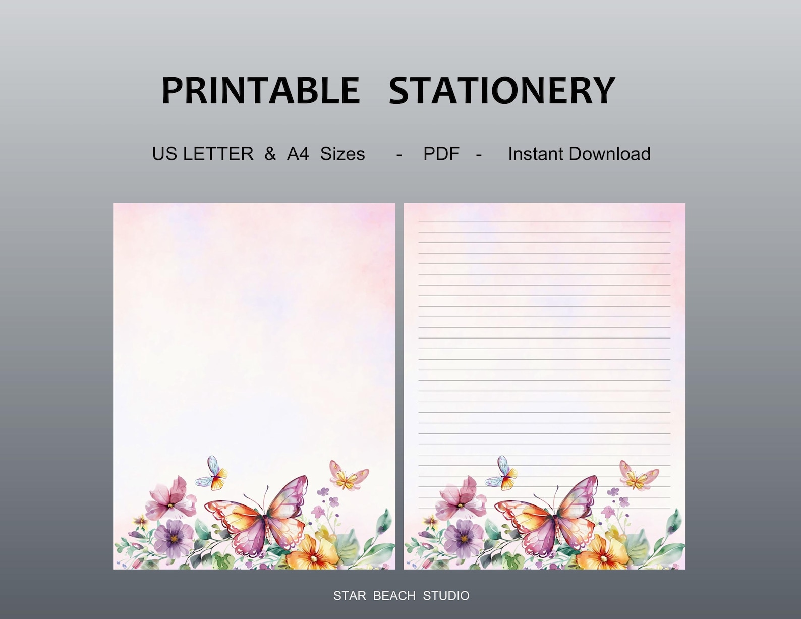 Butterflies & Flowers Border Stationery Printable Paper, Lined -unlined ...