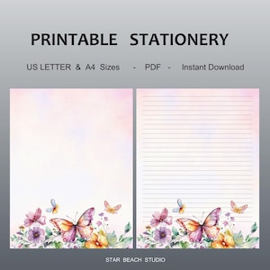 Butterflies & Flowers Border Stationery Printable Paper, Lined -unlined ...
