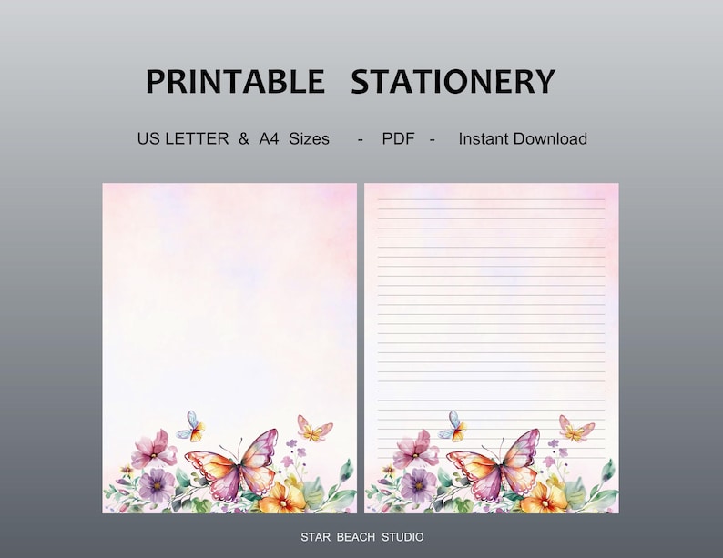 Butterflies & Flowers Border Stationery Printable Paper, Lined -unlined ...
