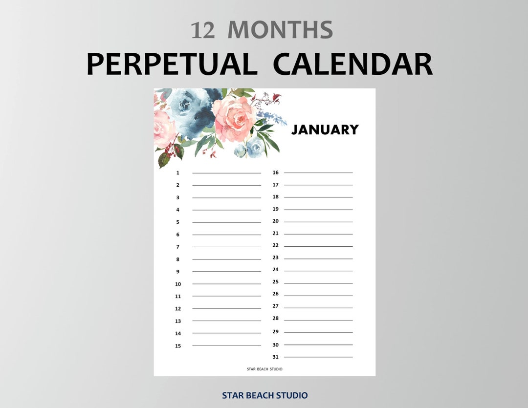 Perpetual Calendar Printable, Floral Calendar for Birthday ...