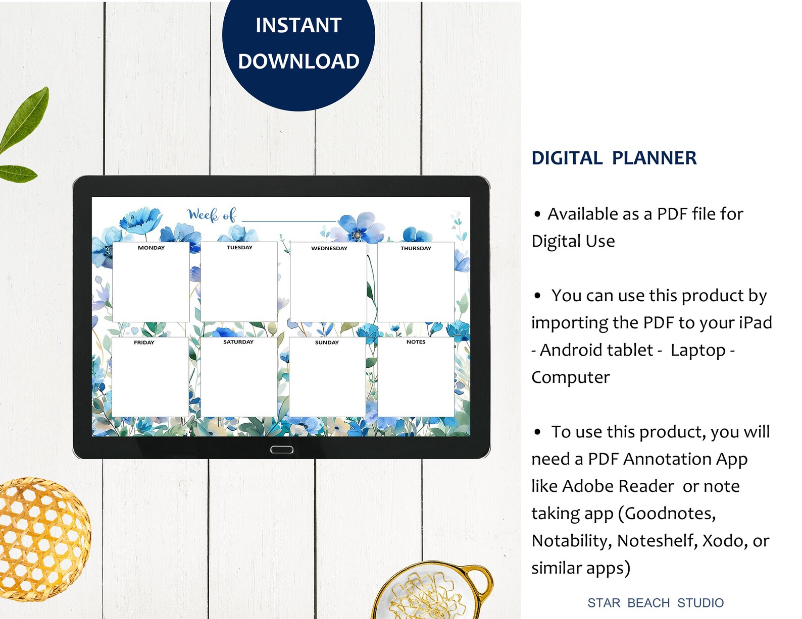 Weekly Planner Printable, Floral Undated Week at a Glance Planner ...