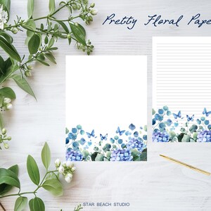 Blue Hydrangeas With Blue Butterflies Stationery Printable Paper, Lined ...
