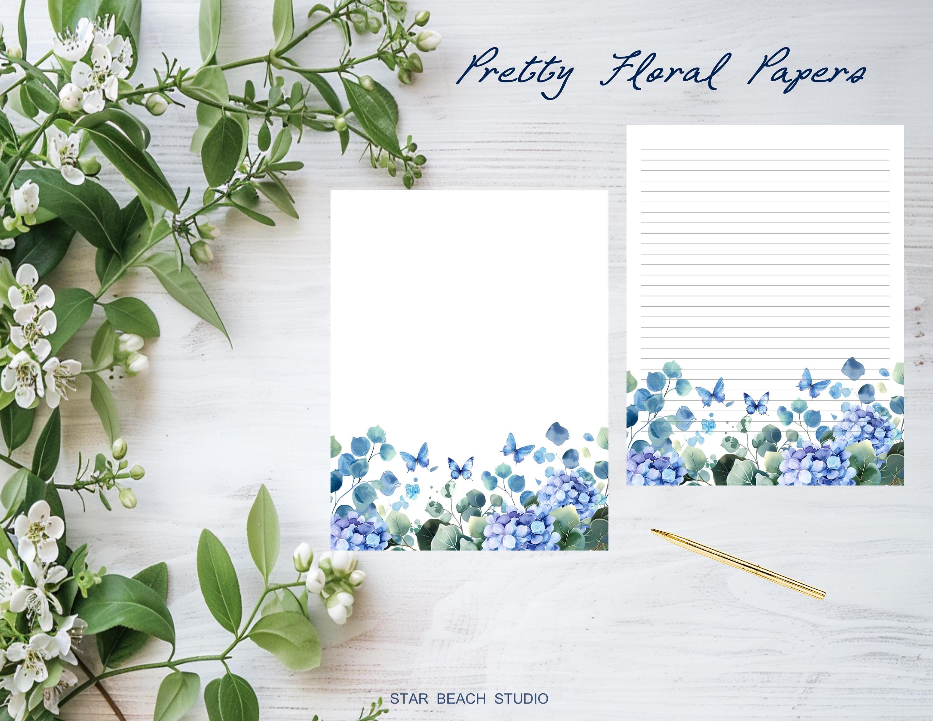 Blue Hydrangeas With Blue Butterflies Stationery Printable Paper, Lined ...