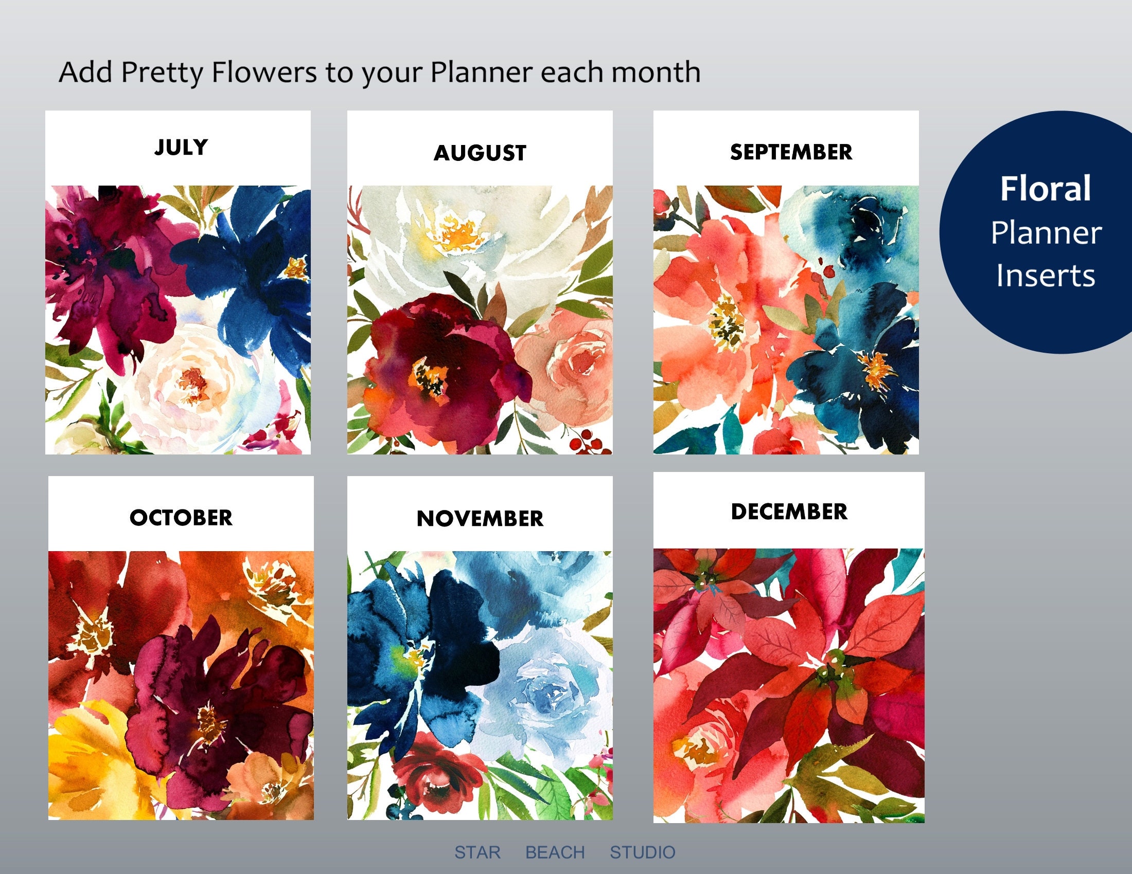 Monthly Floral Planner Dashboards Printable, 12 Months Cover Pages , US ...