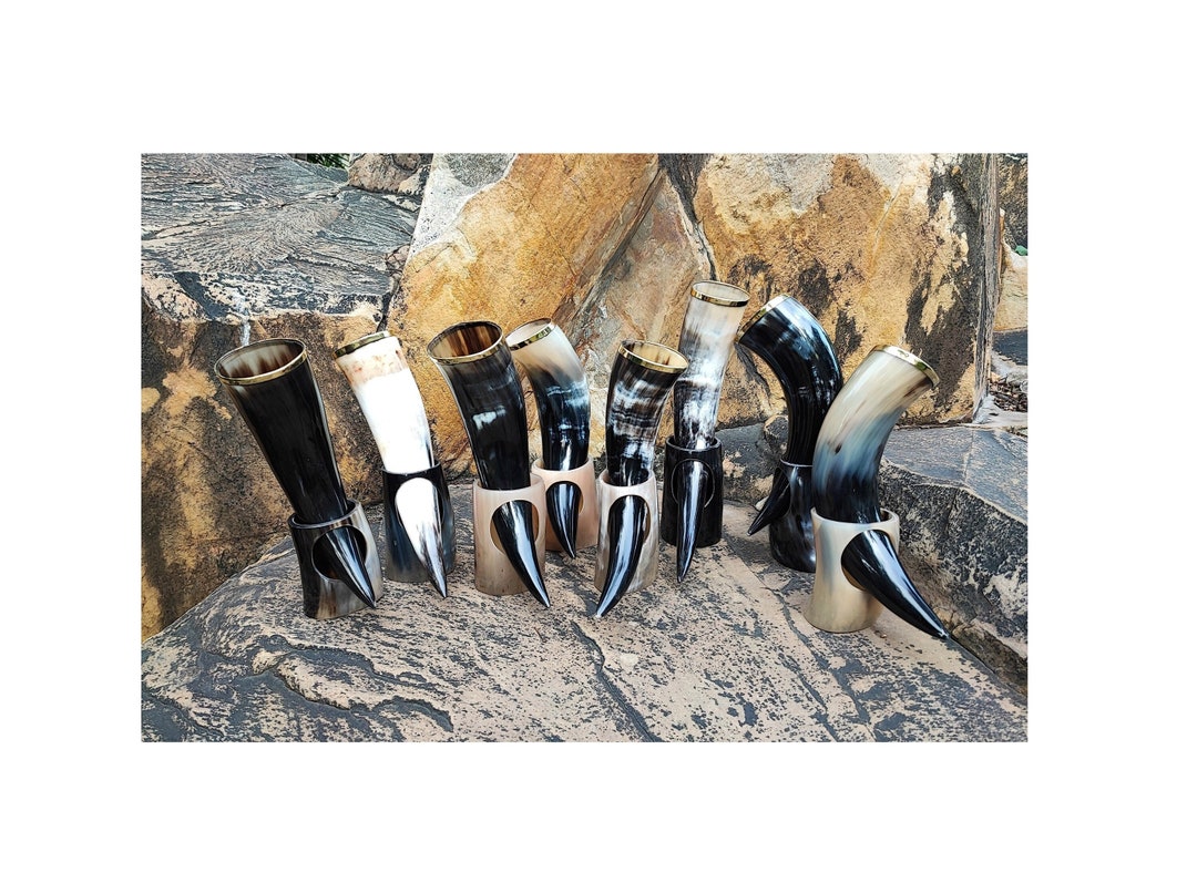 Genuine Viking Drinking Horns Tankards With Stand Authentic Horn Mugs ...