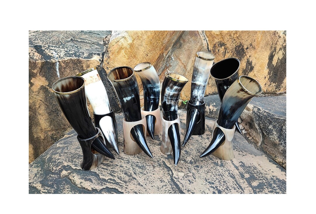 Set of 8 OX Viking Horn Mugs With Stands, Medieval Mead Beer Cups ...