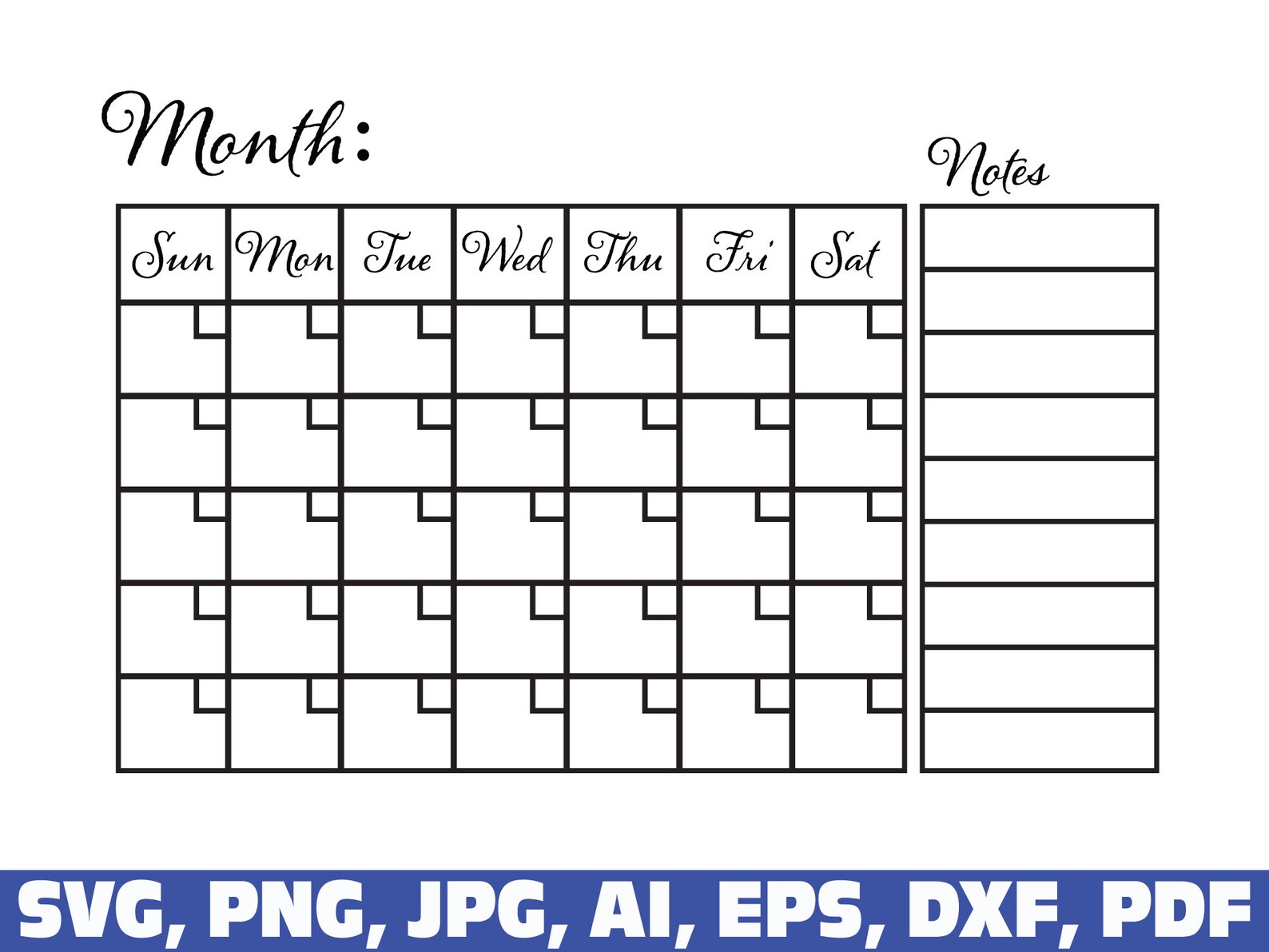 Calendar Svg Printable Calendar Monthly Calendar Svg - Etsy
