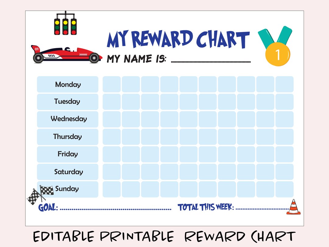 Editable Race Car Games Reward Chart, Printable Reward Chart, Chore ...
