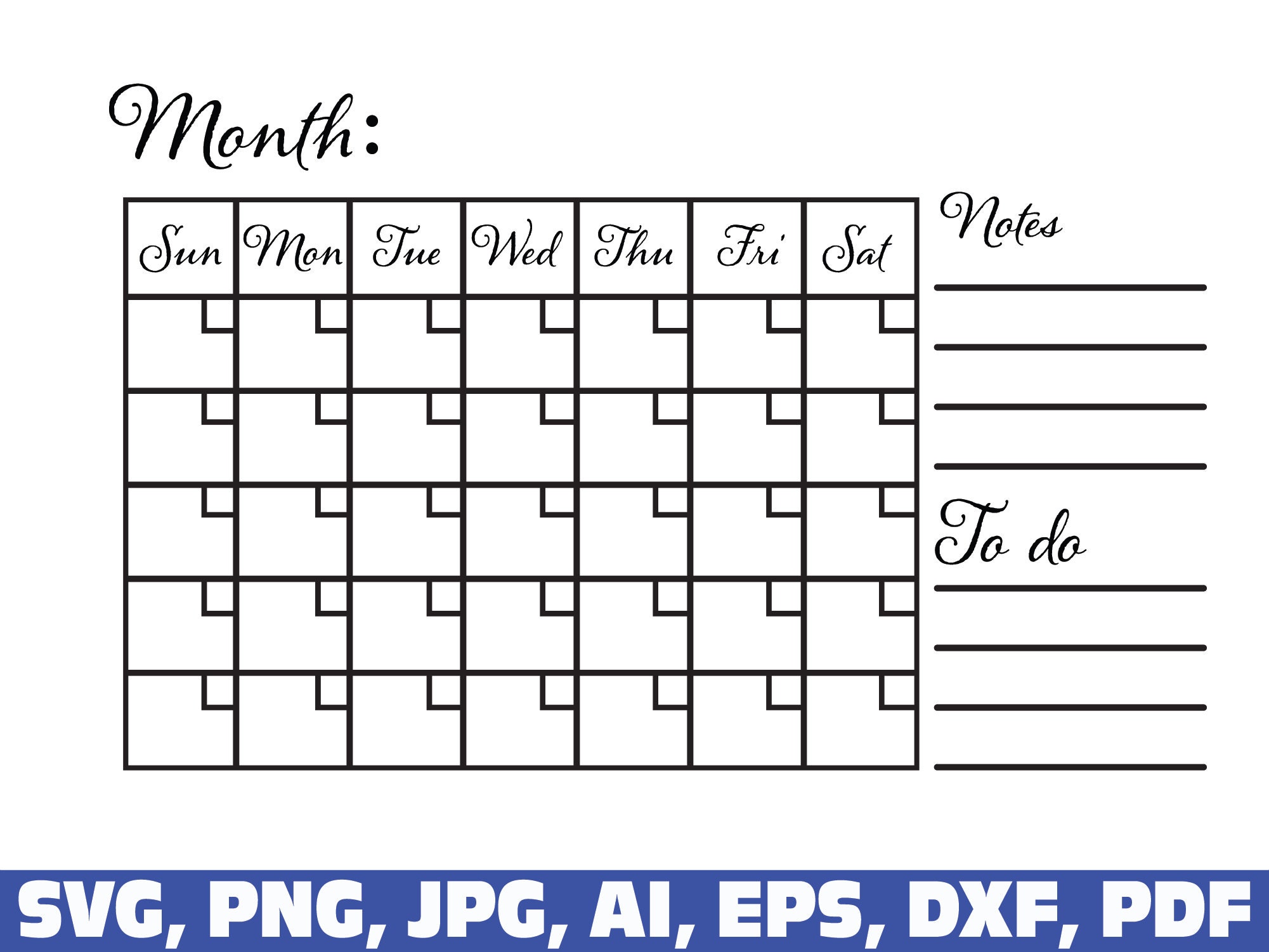 Calendar Svg Printable Calendar Monthly Calendar Svg - Etsy Canada