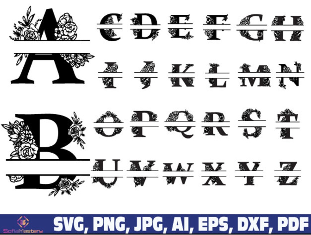 Alfabeto floral de la A a la Z svg, alfabeto svg, monograma dividido ...