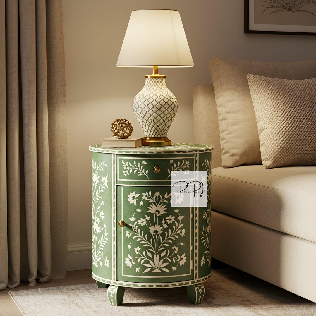 Handcrafted Bone Inlay Floral Pattern Side Table / Handmade Green End ...