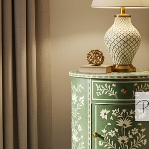 Handcrafted Bone Inlay Floral Pattern Side Table / Handmade Green End ...
