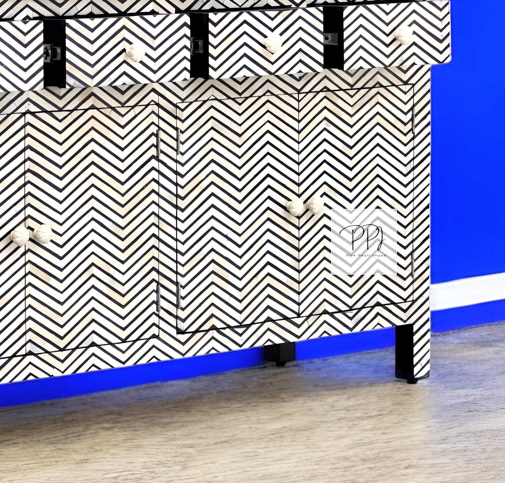 Zig Zag Bone Inlay Cabinet With 4 Doors & 4 Drawers / Elegant Storage ...