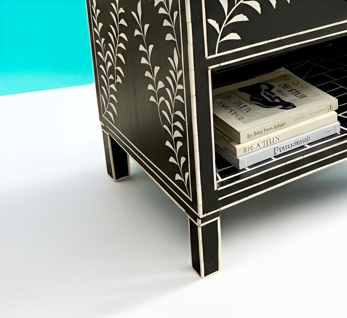 Zed Black Bone Inlay Nightstand / Handcrafted Bedside Table / Stylish ...