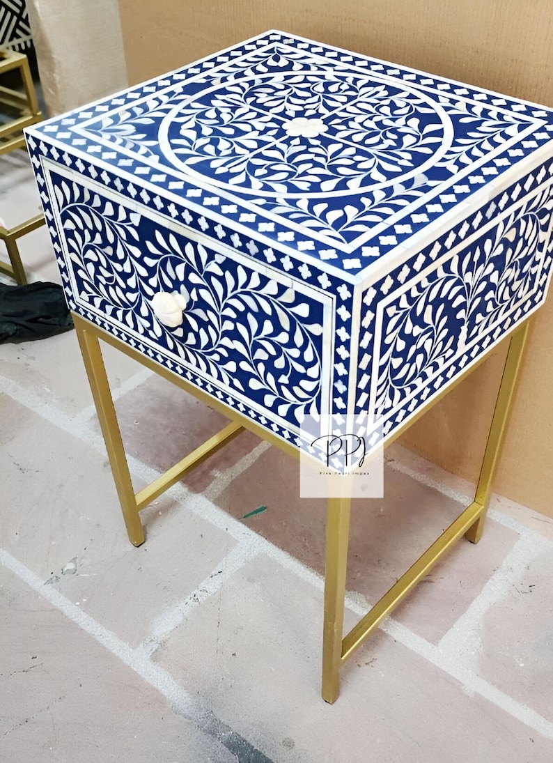 Blue Bone Inlay Nightstand / 1 Drawer Bone Inlay Side Table / Bone ...