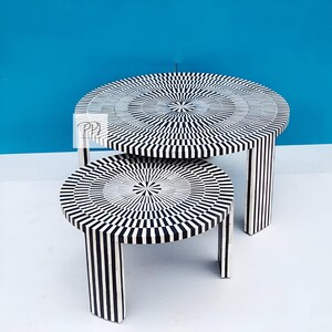 Waterfall Design Round Coffee Table Set | Set of 2 Black Bone Inlay ...