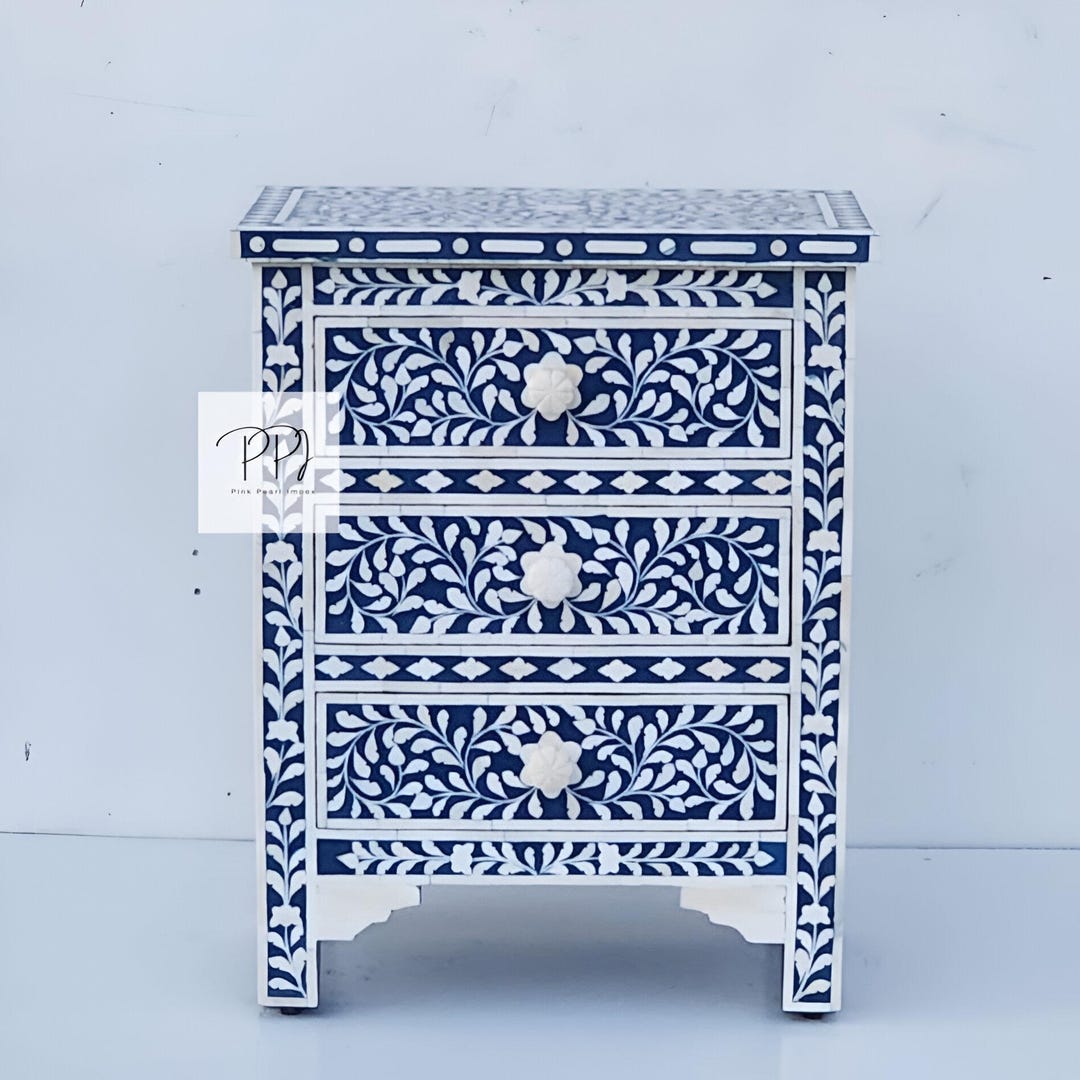 Navy Blue Bone Inlay Nightstand / Three Drawer Bone Inlay Nightstand ...