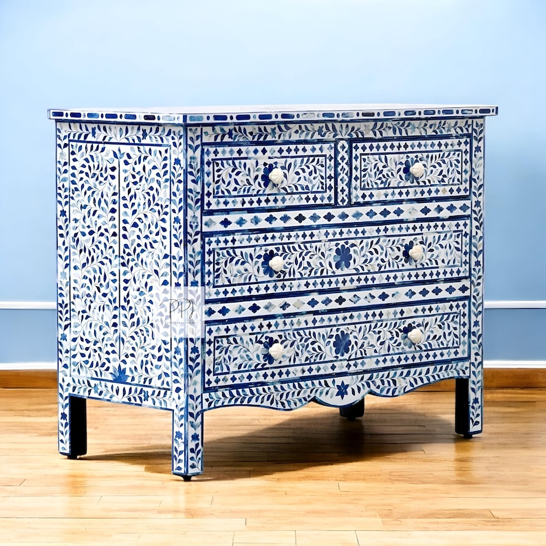 Floral Pattern 4-drawer Blue Bone Inlay Dresser / Handcrafted Bone ...