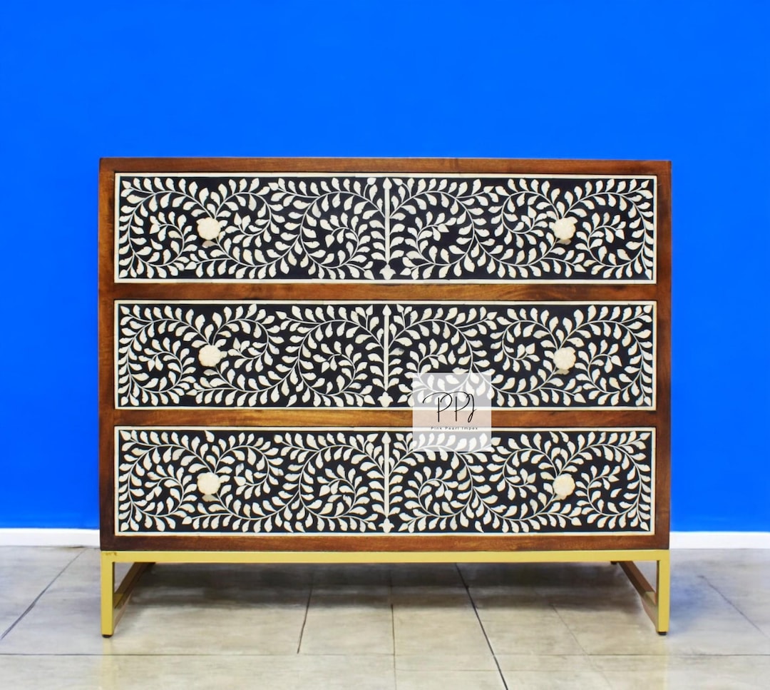 Floral Bone Inlay Dresser / Three Drawer Dresser / Bone Inlay Floral ...