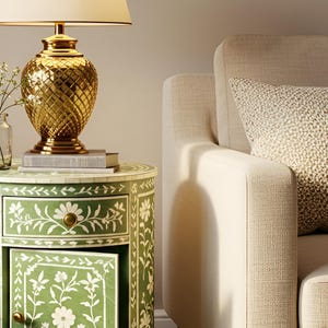 Green Bone Inlay End Table With One Door One Drawer / Handcrafted ...