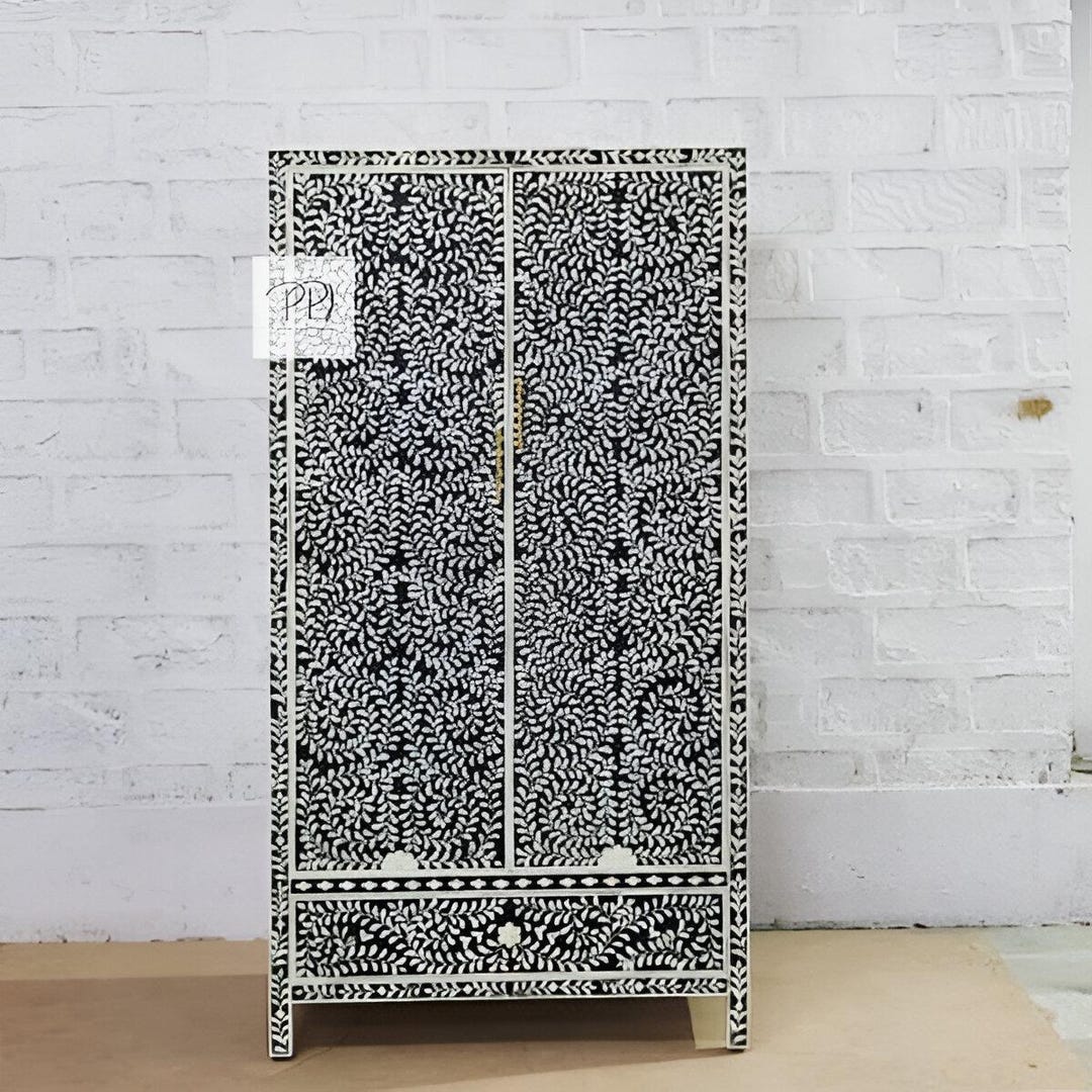 Floral Pattern Bone Inlay 2 Door 1 Drawer Black Wardrobe / Bone Inlay ...