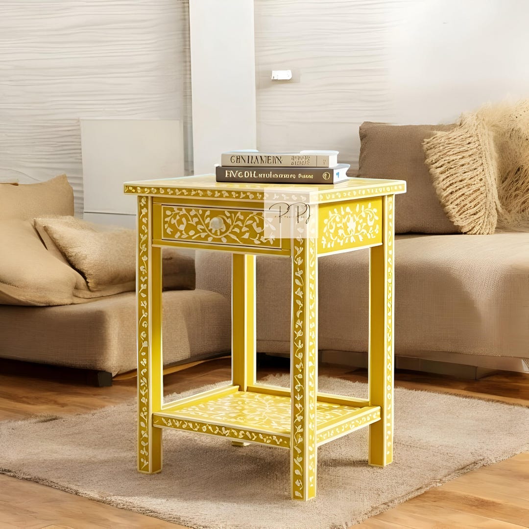 Bone Inlay Double Shelf Yellow Floral Side Table for Home / Handcrafted ...