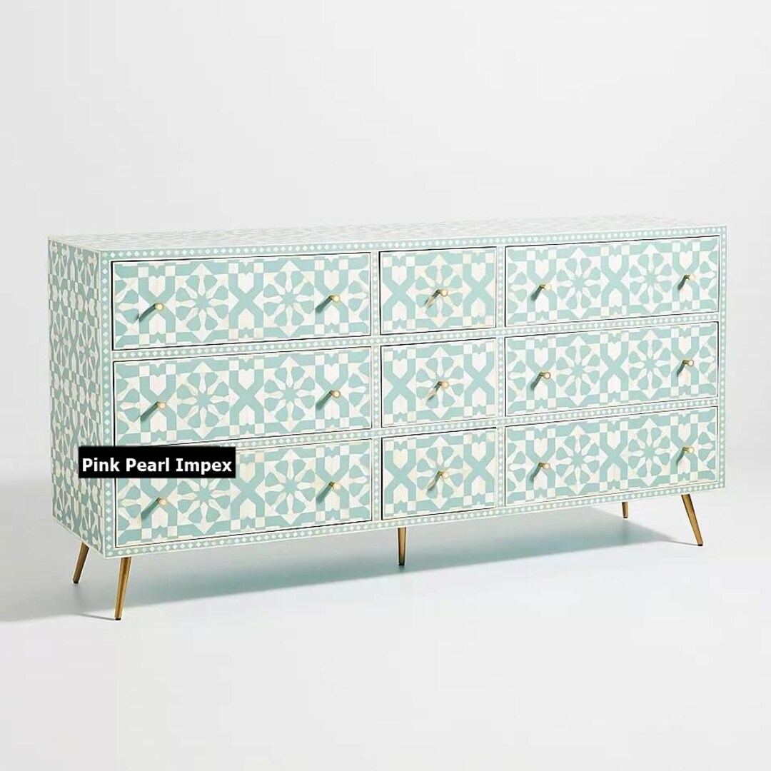 Light Green Handmade Moroccan Pattern Bone Inlay Dresser / 9-drawer ...