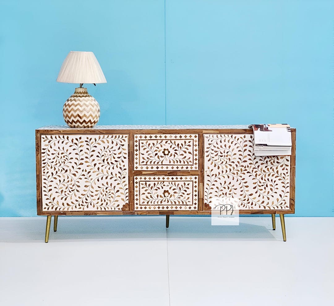 Floral Wood Inlay Media Console With Brass Legs / 2 Door 2 Drawer ...