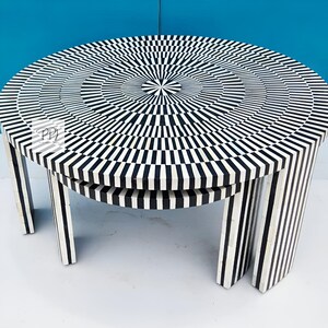 Waterfall Design Round Coffee Table Set | Set of 2 Black Bone Inlay ...