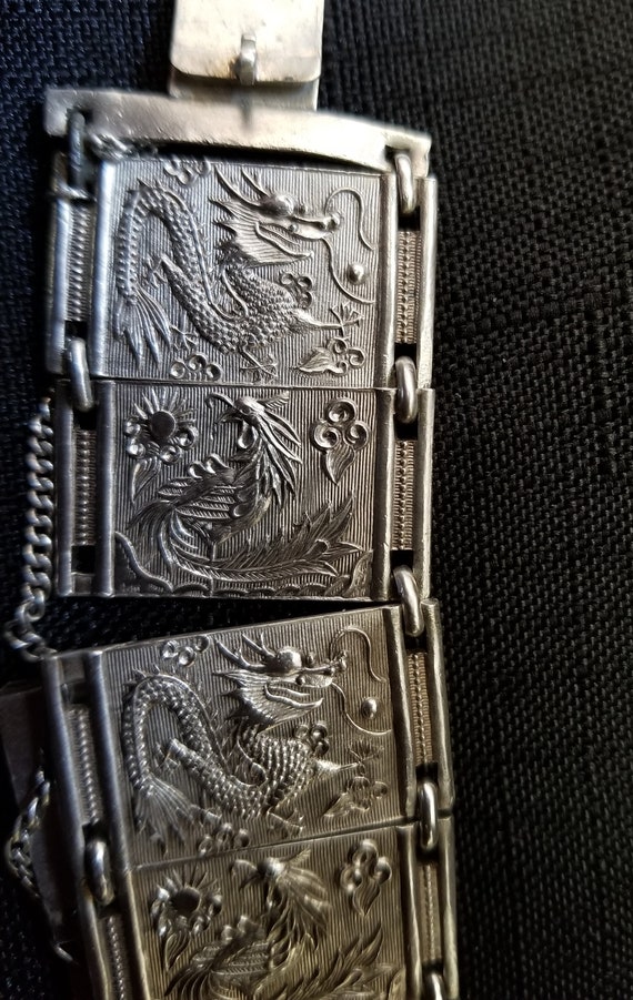 Antique Chinese Export Silver Dragons Panel Link Brac… - Gem